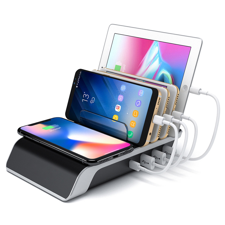 45W 4-Port USB Charging Station / Wireless Charger Desktop Stand